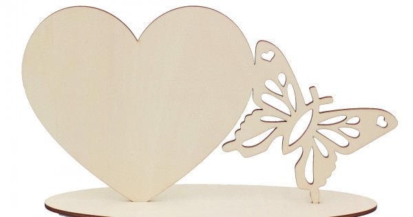Ornament Blank Inima cu Fluture din Lemn cu Suport